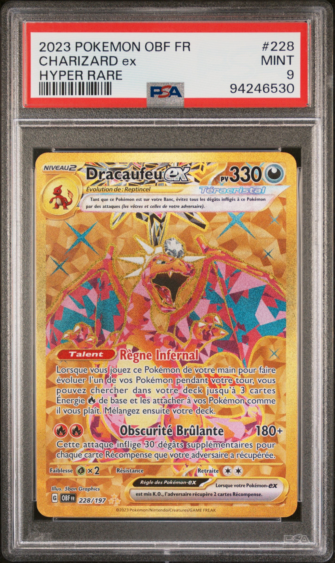 Carte Pokémon Dracaufeu ex Gold Flamme obsidienne 228/197 PSA9 - VegaStore